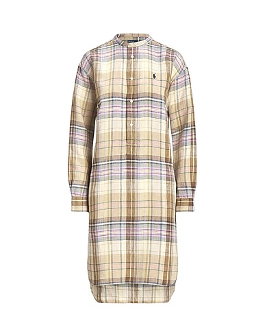 POLO RALPH LAUREN PLAID LINEN SHIRTDRESS | Beige Women‘s Midi Dress | YOOX